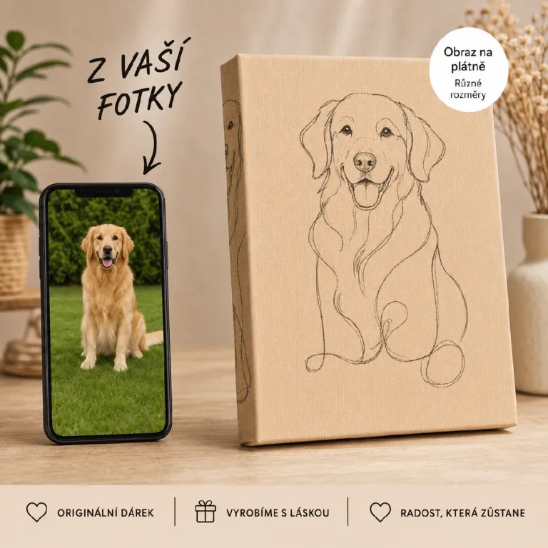 Foto obraz z vlastní fotky na plátno – Minimalistický Line Art portrét mazlíčka z fotky Rozměry obrazu: 20 x 30 cm