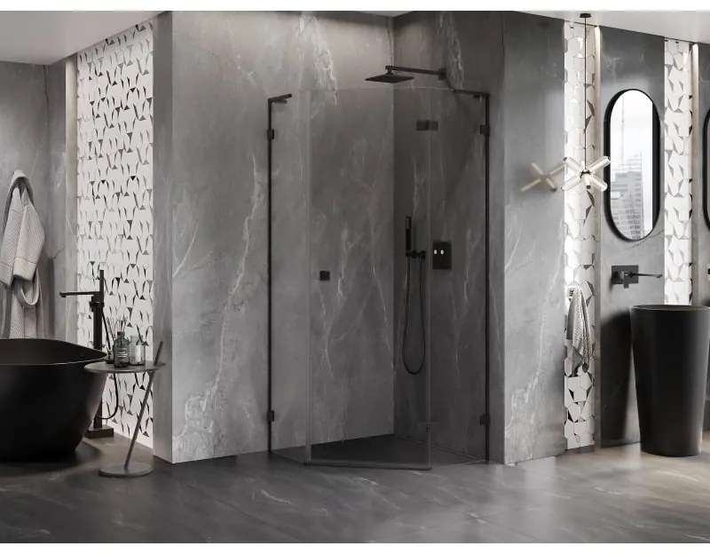 Mexen Lunar, L pravý výklopný pětiúhelníkový sprchový kout 80 x 80 cm, 8mm čiré sklo, černý profil, 831L-080P-080L-70-00-P
