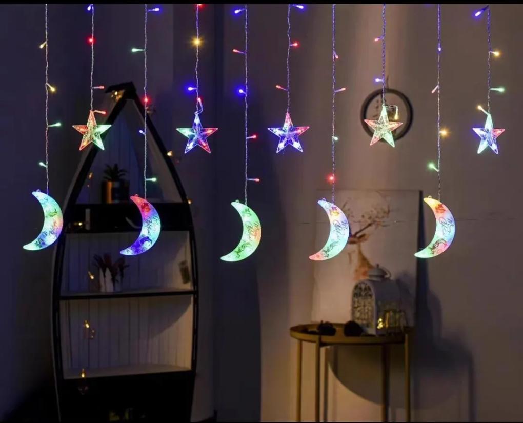 Vnitřní LED světelný vánoční závěs - měsíce a hvězdičky, 3m, 138 LED, různé barvy na výběr Barva: Různobarevná