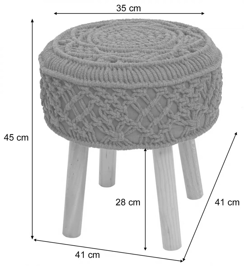 Taburetka J43 80482 - macrame, látka / dřevo, 45 x 41cm - Tmavě šedá