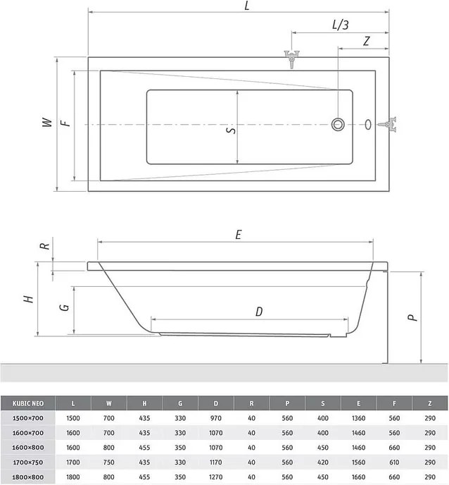 Roth KUBIC NEO obdelníková vana 160 x 70 cm 9310000 akrylátová