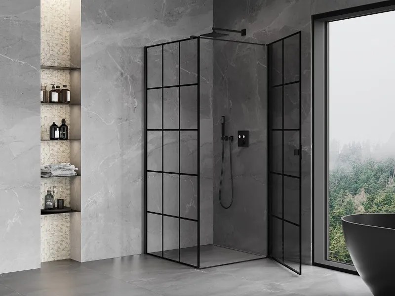 Mexen Mist-B, 1-křídlý výklopný sprchový kout, pravý, 80 x 80 cm, čiré sklo-černá mřížka, 8A2T-080-080-70-77-P