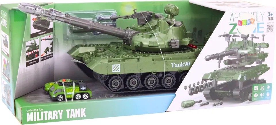 LEAN Toys Tank – vojenské vozidlo k sestavení – zelený – se zvuky – stavebnicová sada Resoraki