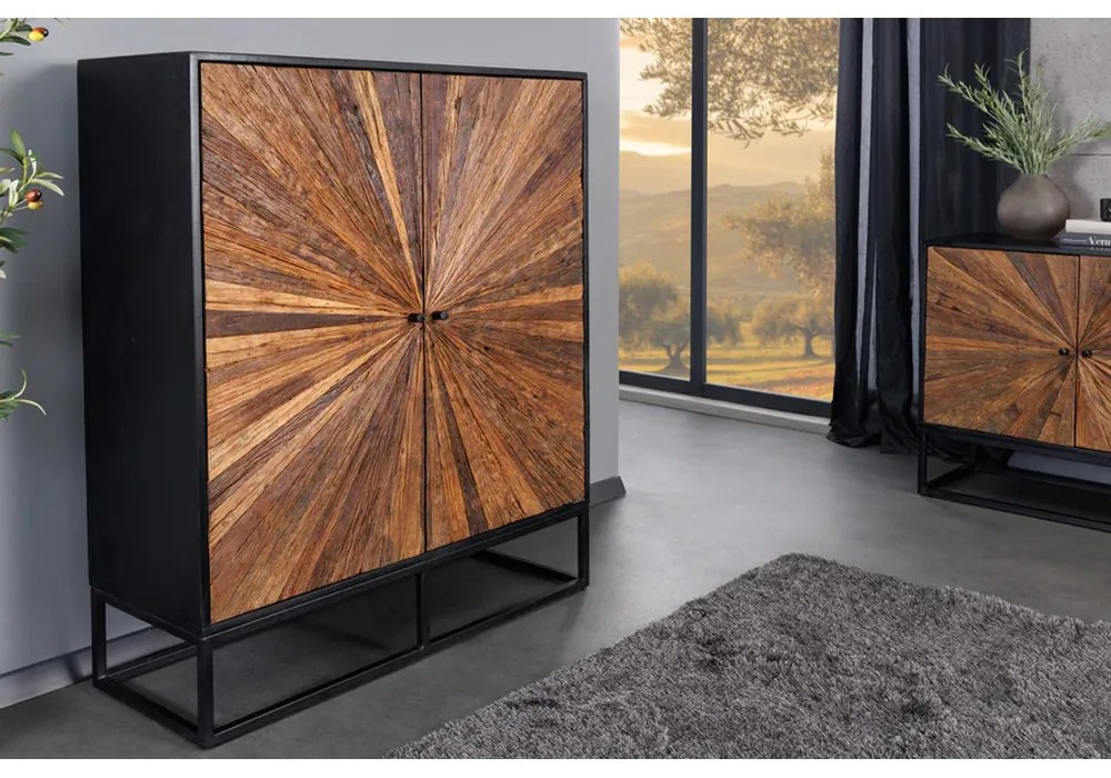 Massive home | Vysoká komoda BARRACUDA 120cm hnědé mangové dřevo s teakovou šedou přední deskou