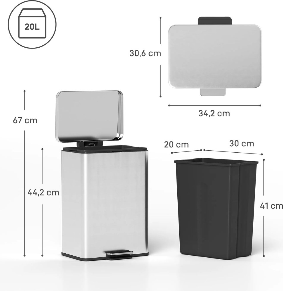 Koš na odpadky 20 litrů s pedálovým víkem s měkkým zavíráním, pedál, vyjímatelný vnitřní koš stříbrný, 34,2 x 30,6 x 44,2 cm