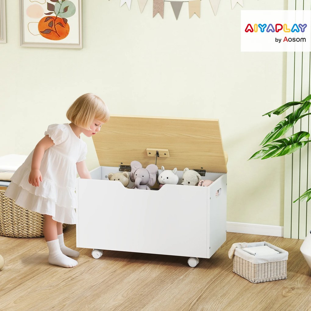 AIYAPLAY dětský box na hračky s kolečky, sklápěcí víko s bezpečnostním pantem, design mraků, bílá a přírodní