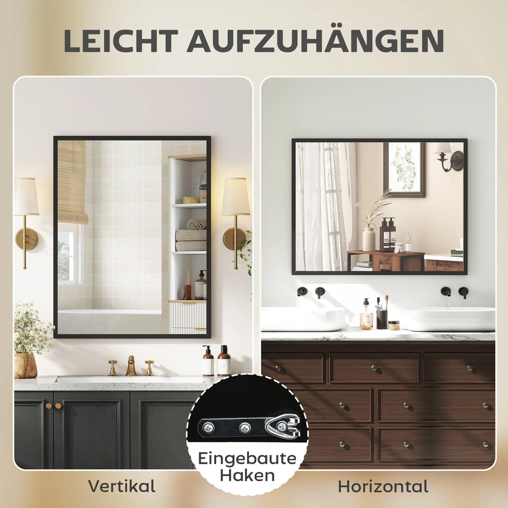 HOMCOM obdélné nástěnné zrcadlo 70 × 90 cm, černý rám z MDF — ideální do koupelny, obýváku nebo ložnice