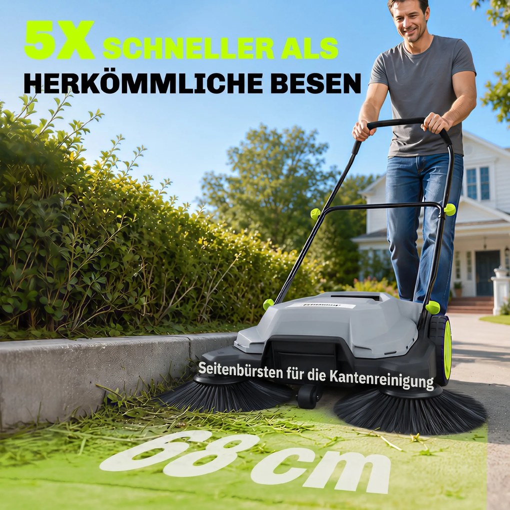 Outsunny ruční zametací stroj s pracovním záběrem 68 cm, 2600 m²/h, 24 L sběrný koš, výškově nastavitelná skládací rukojeť