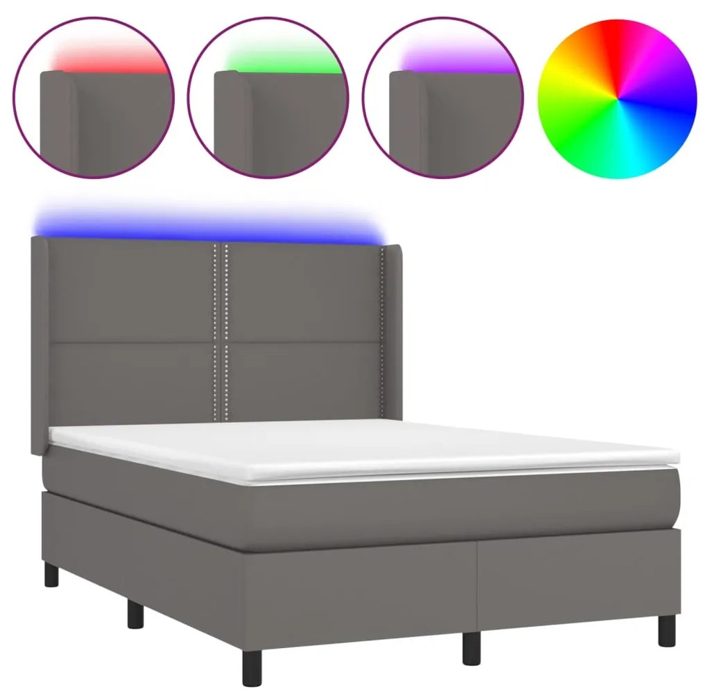 vidaXL Box spring postel s matrací a LED šedá 140x200 cm umělá kůže