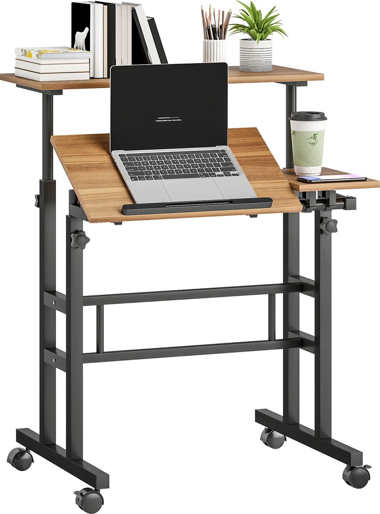 HOMCOM sedací‑stojací stůl 70 x 60 cm – výškově nastavitelný, s kolečky a naklápěcí deskou stolu, hnědý