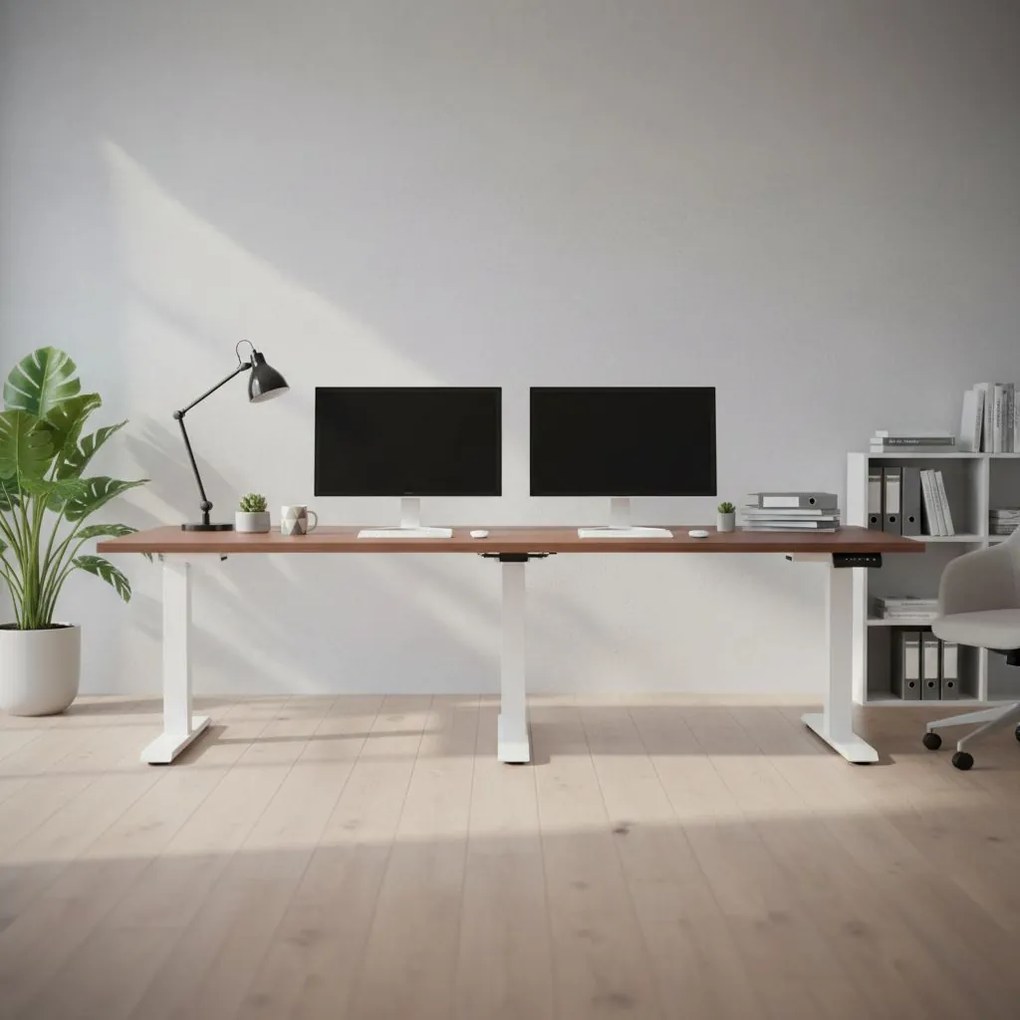 Výškově nastavitelný stůl OfficeTech Long, 240 x 80 cm, bílá podnož, ořech
