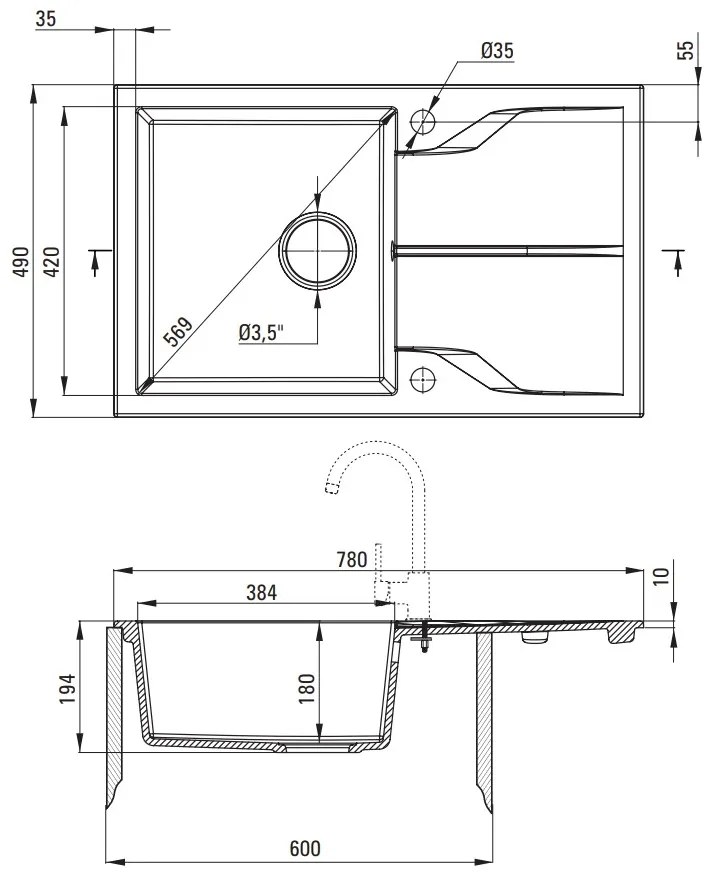 Deante Andante, 1-komorový granitový dřez 780x490x194 mm + černá baterie s elastickým ramenem, béžová, DEA-ZQNN5113