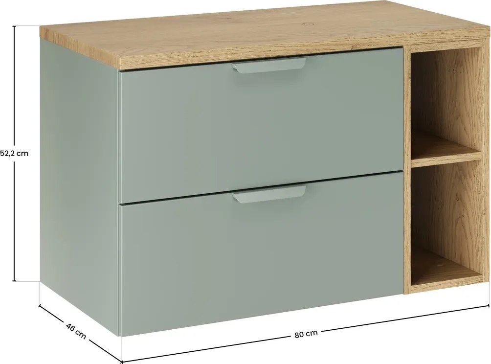 Závěsná skříňka pod umyvadlo Aster Nordic s deskou a regálem 80 cm zelená/dub cremona