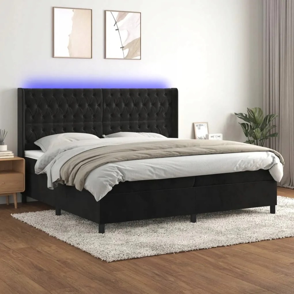 Box Spring Postel S Matrací A Led Černá Samet Černá Prošívaný design 200