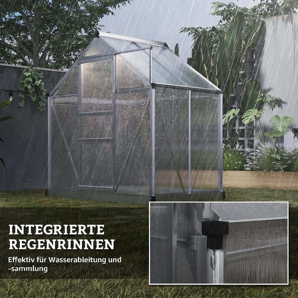 Outsunny hliníkový skleník 2,51 m² — 190 × 132 × 201 cm s pozinkovaným podstavcem, střešním větráním, posuvnými dveřmi, 4 mm UV-odolnými polykarbonát…