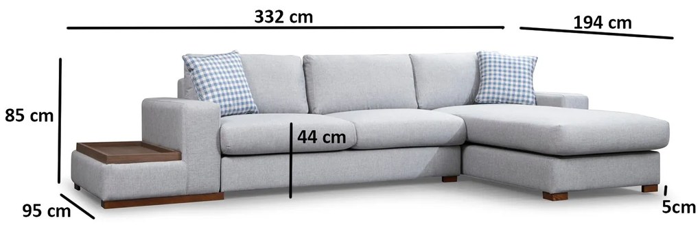 Rohová sedačka s integrovaným stolkem Bellona 332 cm světle šedá - pravá