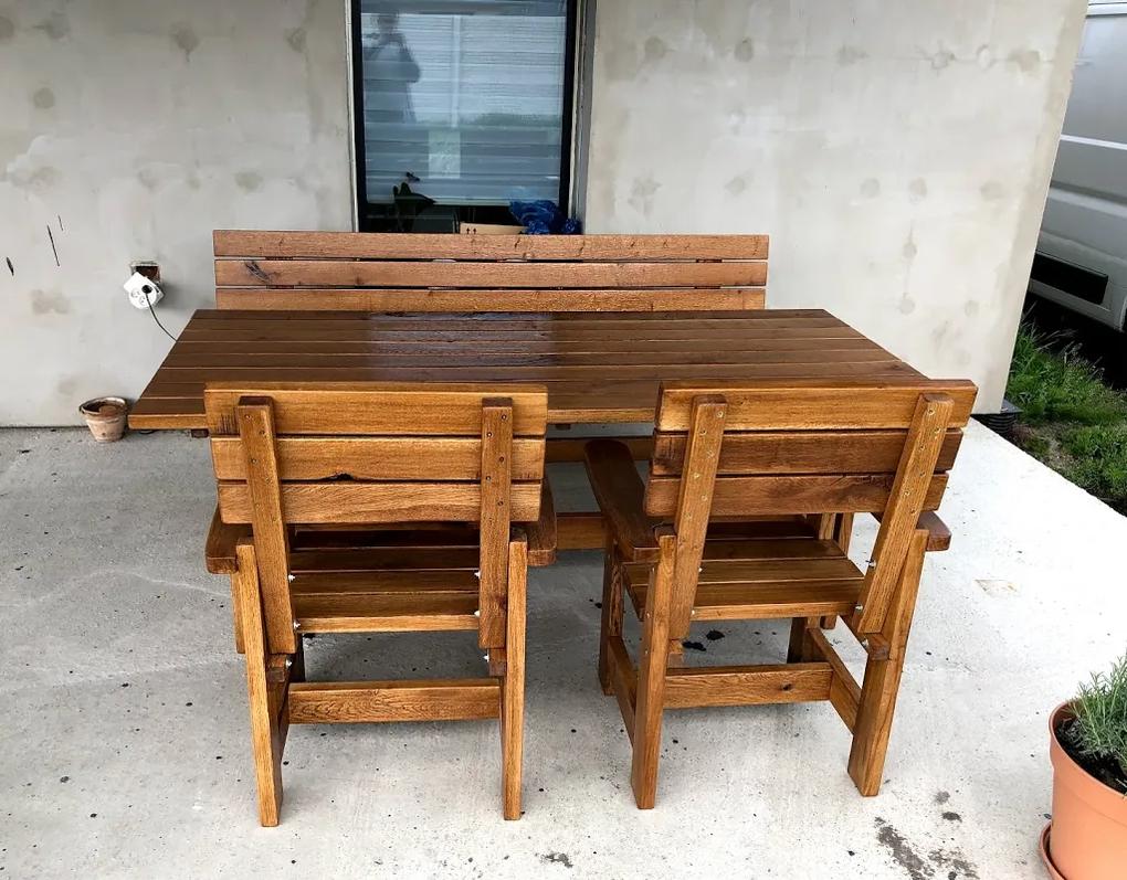 KULHÁNEK Zahradní dubová sestava - stůl, 1x lavice s opěradlem, 2x křeslo (klasické provedení) Délka: 200 cm, Odstín nátěru: olej - bezbarvý