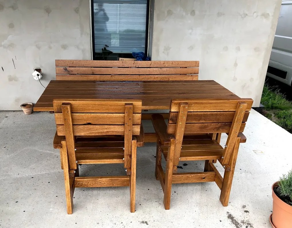 KULHÁNEK Zahradní dubová sestava - stůl, 1x lavice s opěradlem, 2x křeslo (klasické provedení) Délka: 250 cm, Odstín nátěru: lazura - dub
