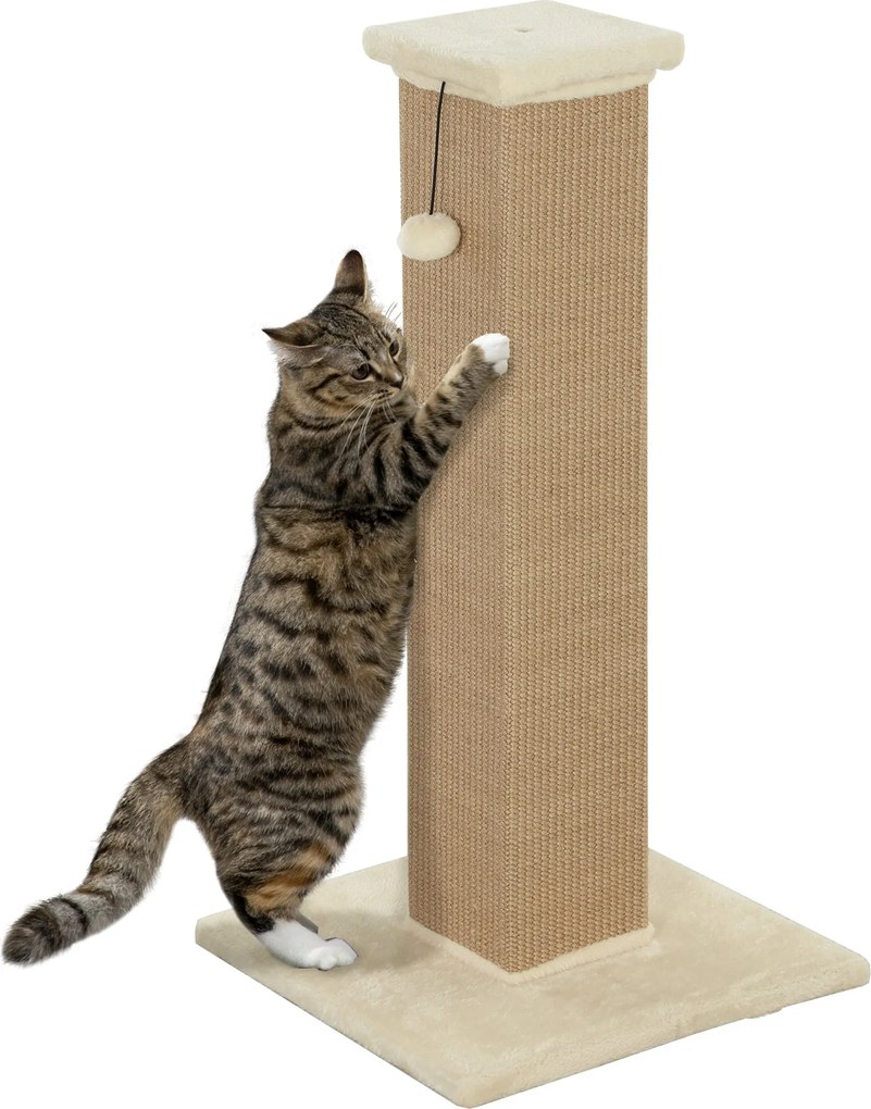 PawHut Kočičí Škrabadlo Výška 81 cm s Jutovým Sloupkem a Visícím Míčkem 41x41x81 cm Béžové | Aosom