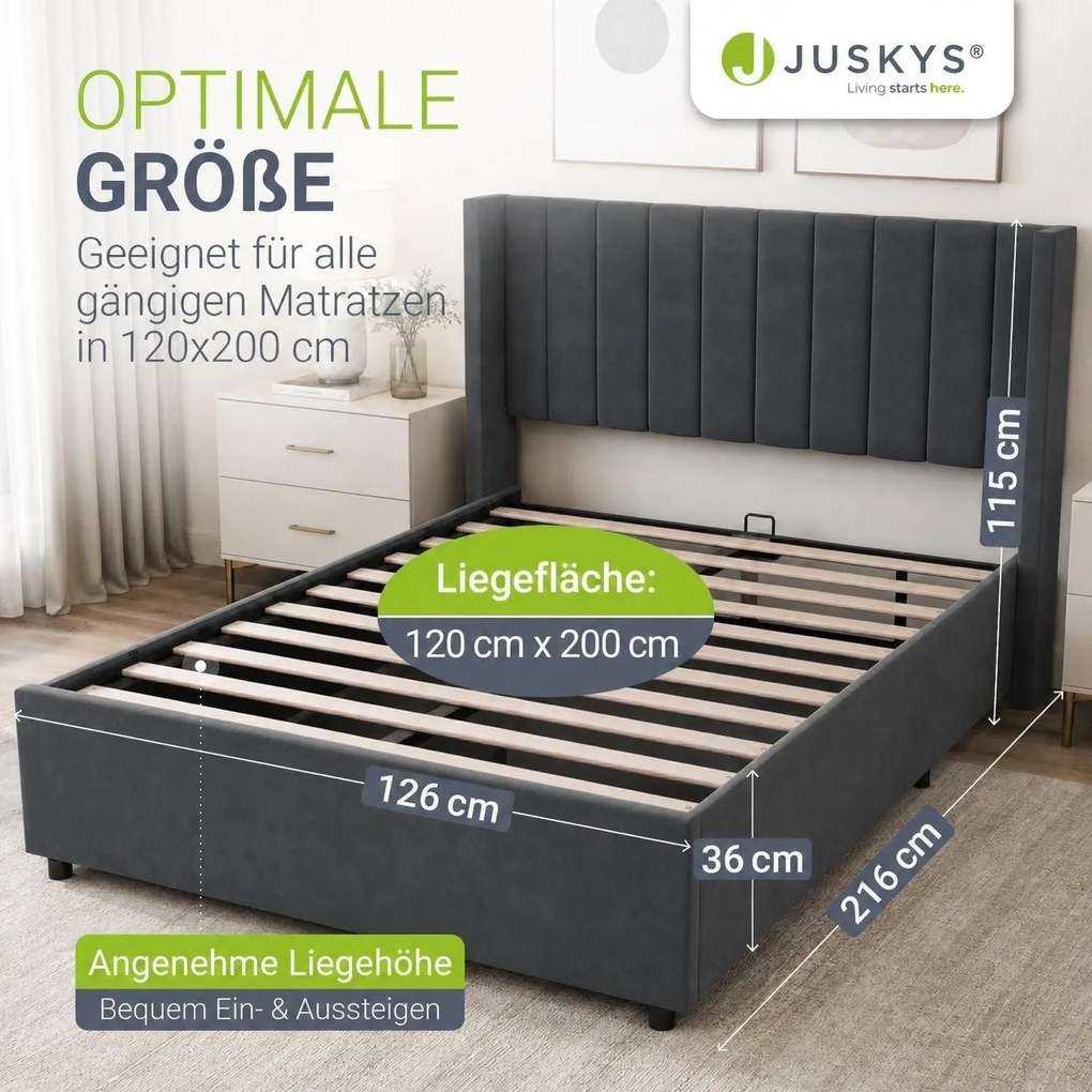 Juskys Čalouněná postel Savona s úložným prostorem Barva: světle šedá, Velikost: 120 × 200 cm