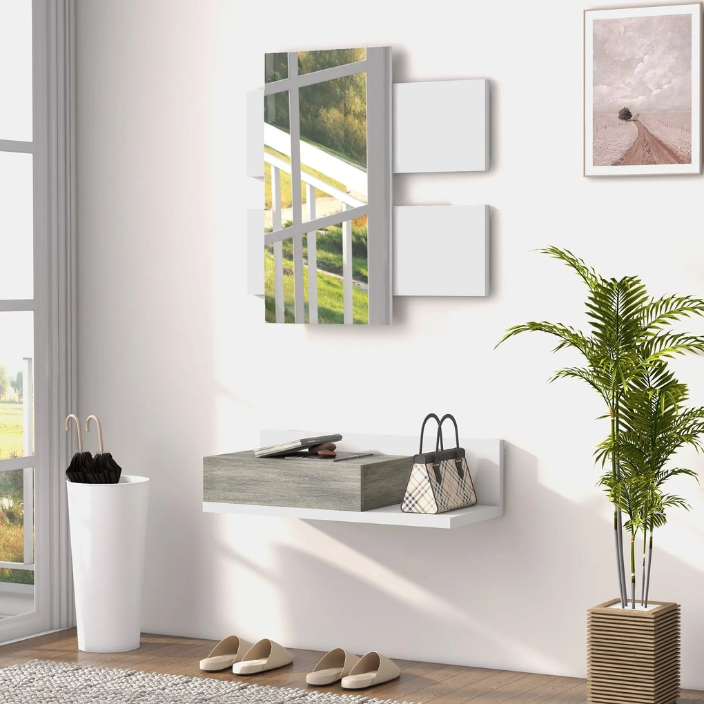 HOMCOM Sada nábytku do vstupní haly s zrcadlem a zásuvkou, moderní styl 75x3,5x75 cm a 75x30,5x20 cm, bílá a šedá
