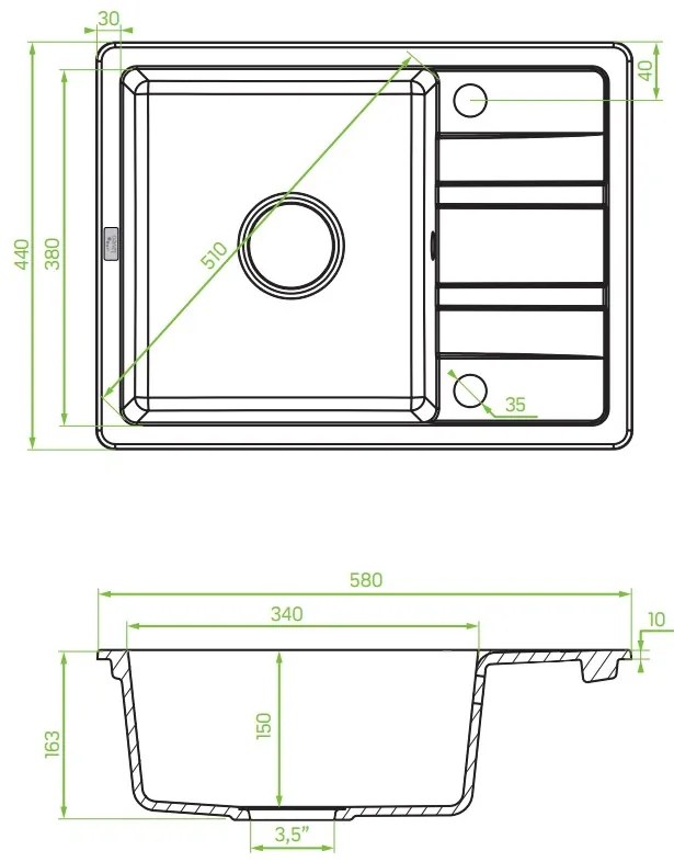 Laveo Stella, 1-komorový granitový dřez 580x440x163 mm s krátkým odkapávačem, černá, LAV-SBY_713T