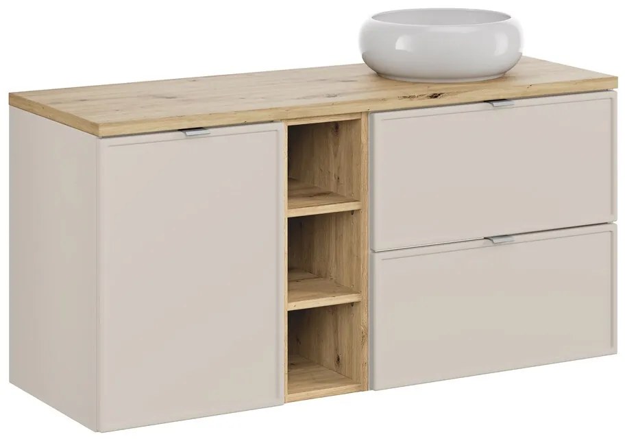 Závěsná skříňka Bella Cashmere Wiki s deskou a umyvadlem 120 cm béžová/dub olejovaný