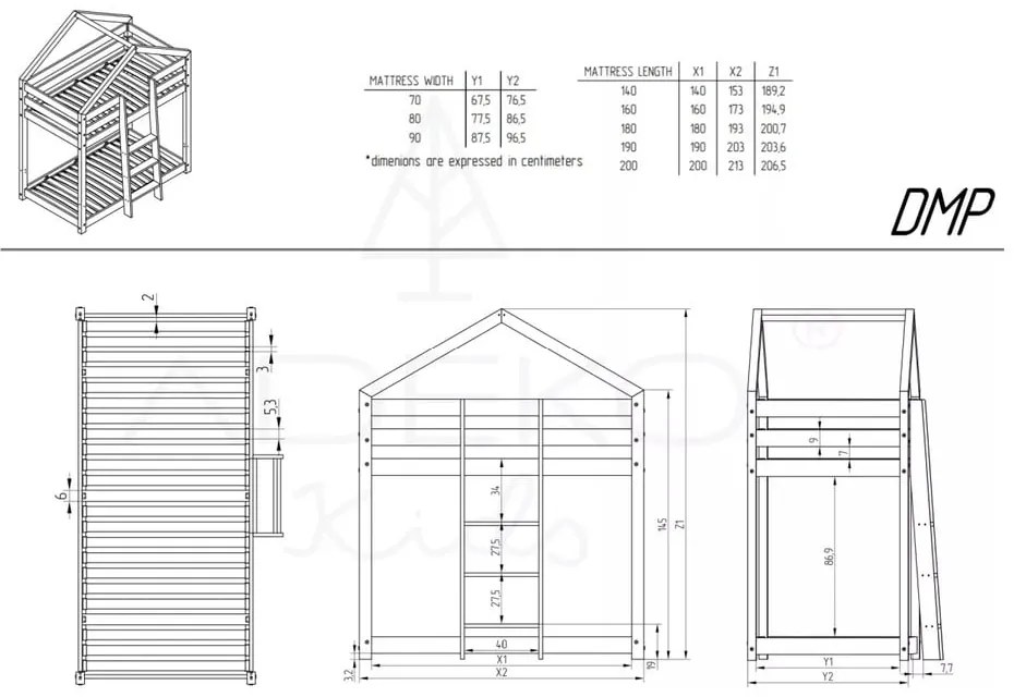 Domečková patrová dětská postel z borovicového dřeva 90x200 cm v přírodní barvě Mila DMP – Adeko