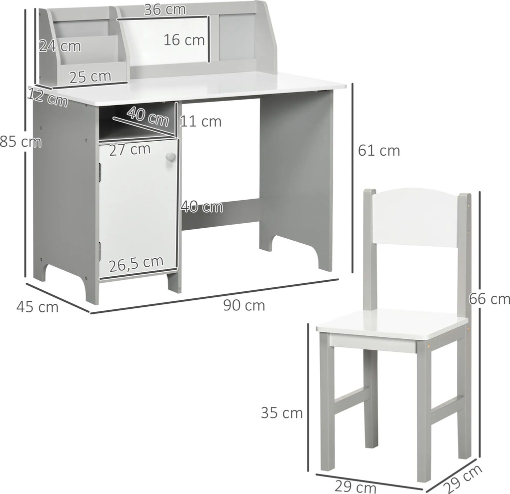 HOMCOM Dětská sada stolu a židle s tabulí, dřevěný studijní stůl pro děti od 5 let, dětský psací stůl 90x45x85 cm Šedý