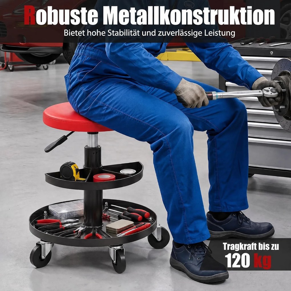 Costway Otočná dílenská stolička 42–56 cm se 2 policemi, červená