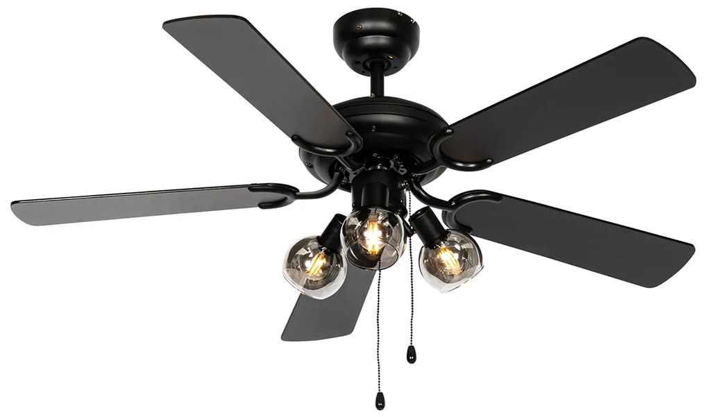 Stropní ventilátor černý s dřevěným potiskem 107,5 cm 3-světla s tahovým spínačem - Mistral Vidro