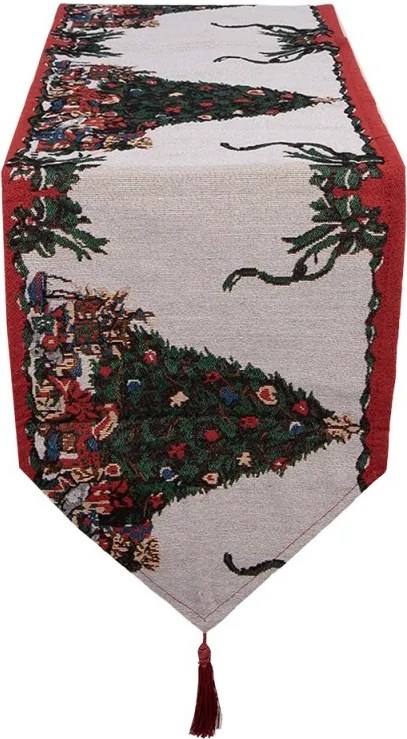 Béžovo-červený látkový běhoun s vánočními stromky a střapci - 33*180 cm