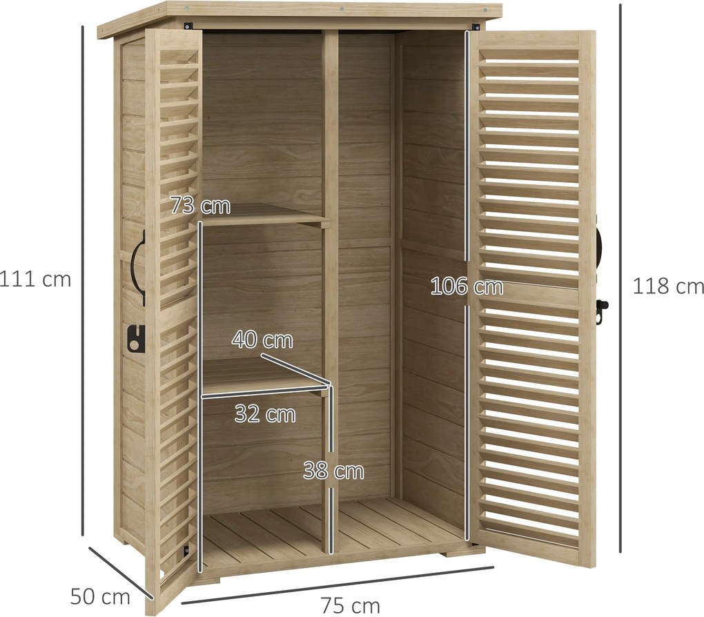 Zahradní skladovací bouda Outsunny s 2 policemi, přírodní dřevo, střecha z modifikovaného bitumenu, větrané dveře, uzamykatelné, 75 x 50 x 118 cm