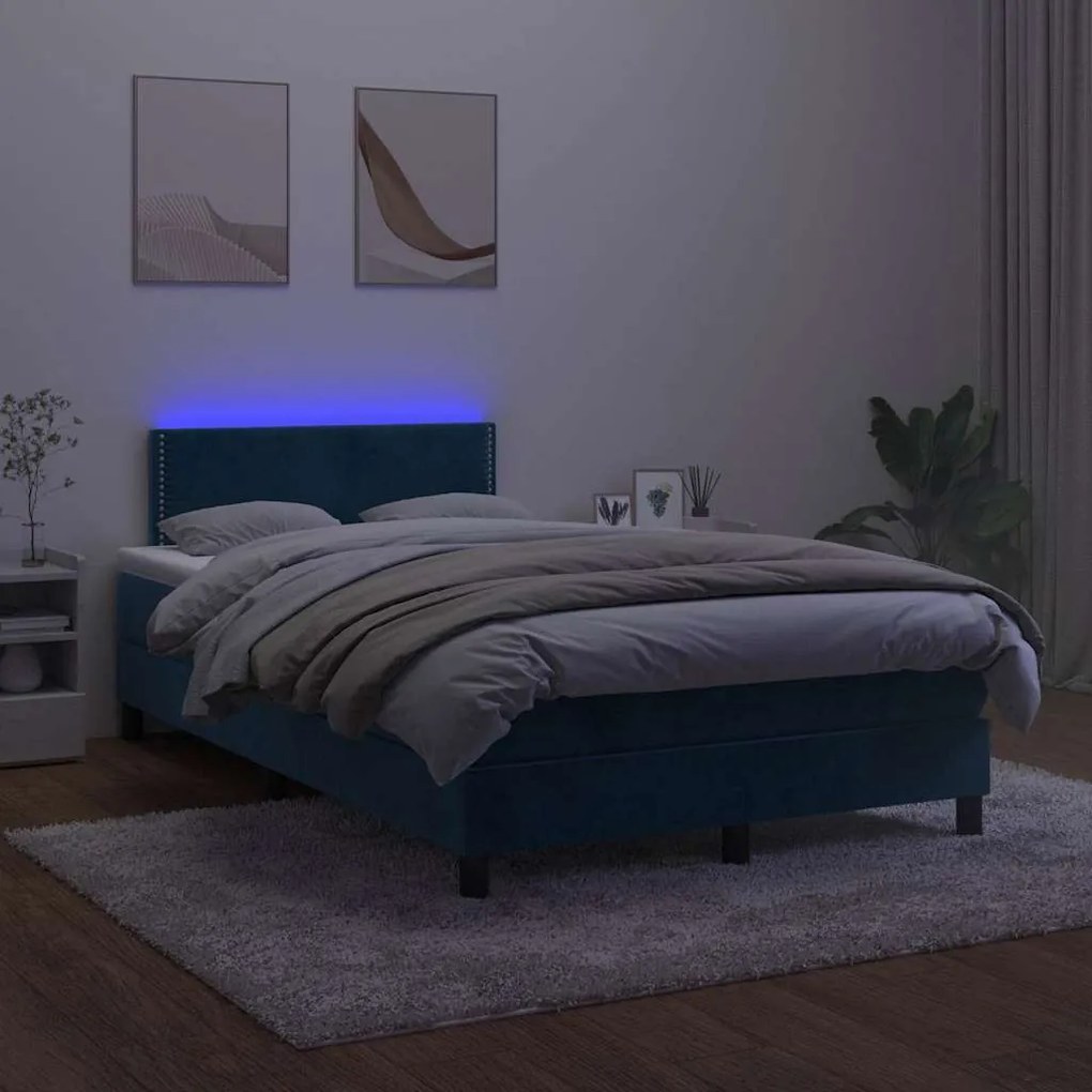 vidaXL Box spring postel s matrací a LED 120 x 190 cm samet [3270149] Barva: Tmavě moddrá