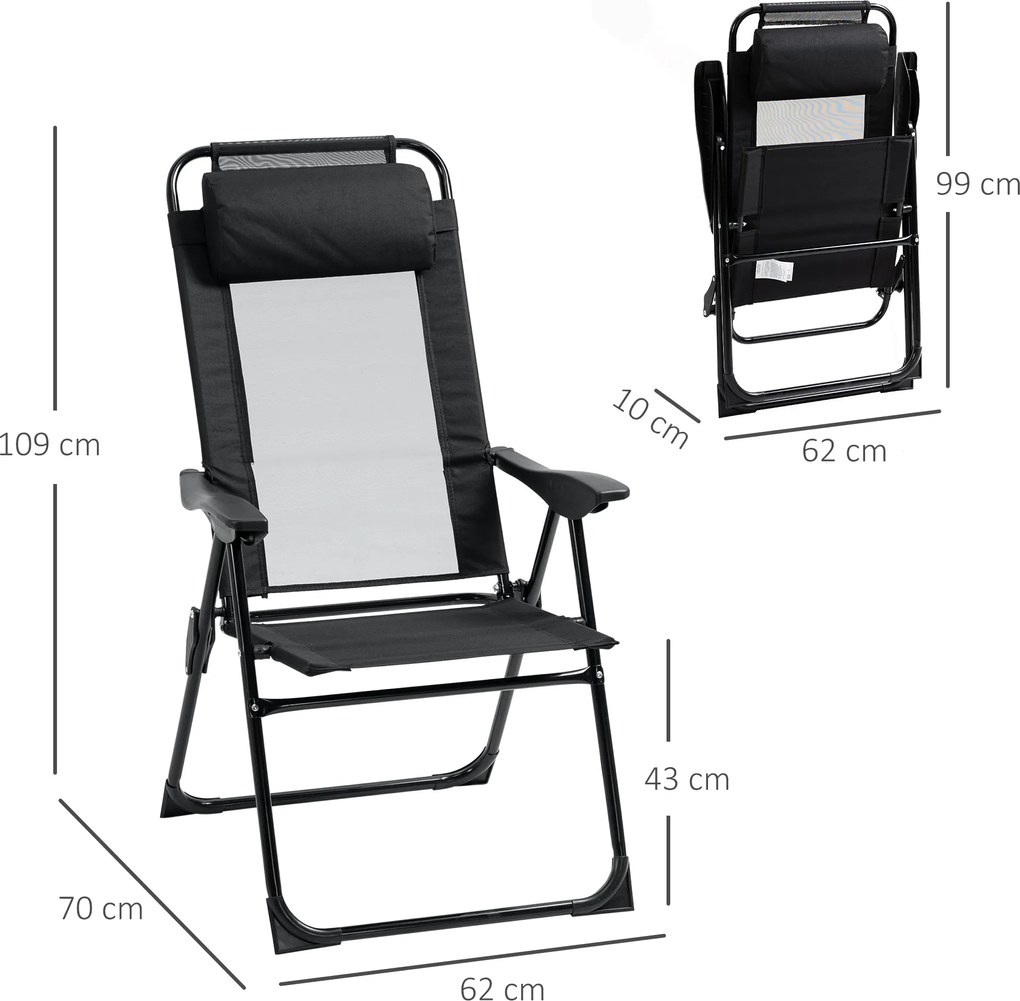 Sada 2 skládacích židlí, skládací lehátko, odolné proti povětrnostním vlivům, 5 poloh nastavitelného opěradla, kovový rám, černá barva
