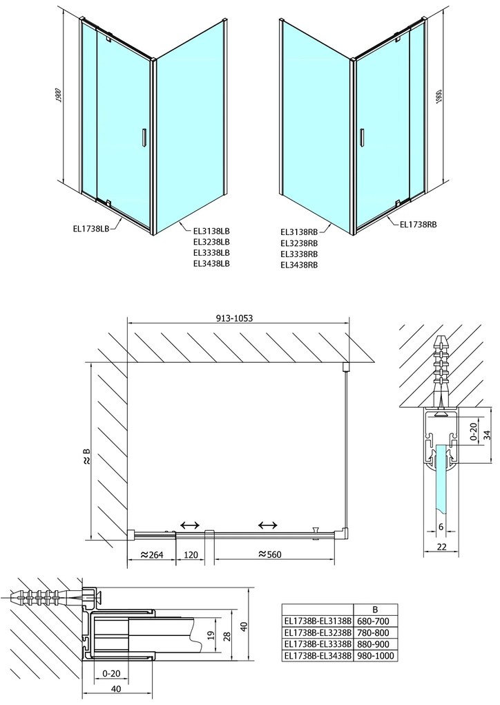 Polysan Polysan, EASY BLACK otočné sprchové dveře 880-1020mm, sklo BRICK, EL1738B