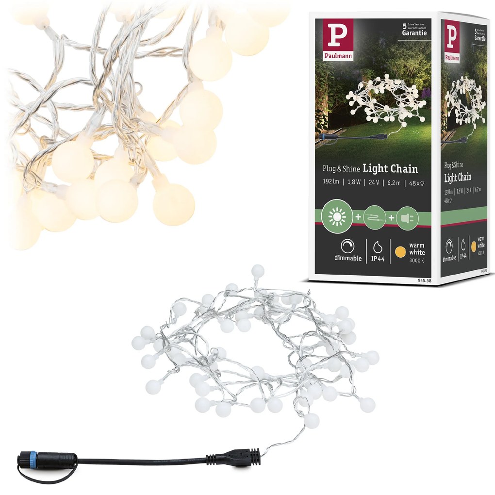 Paulmann 94558 Plug&Shine světelný řetěz, 48 LED světýlek, délka 5m IP44, 24V