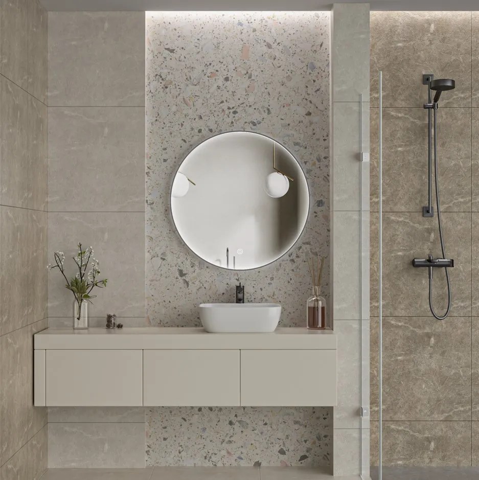 Erga Charlotte, kulaté LED zrcadlo 80cm, černý kovový rám, 1840 lm, 6500K, přední boční osvětlení, ERG-V01-204-8080-BK