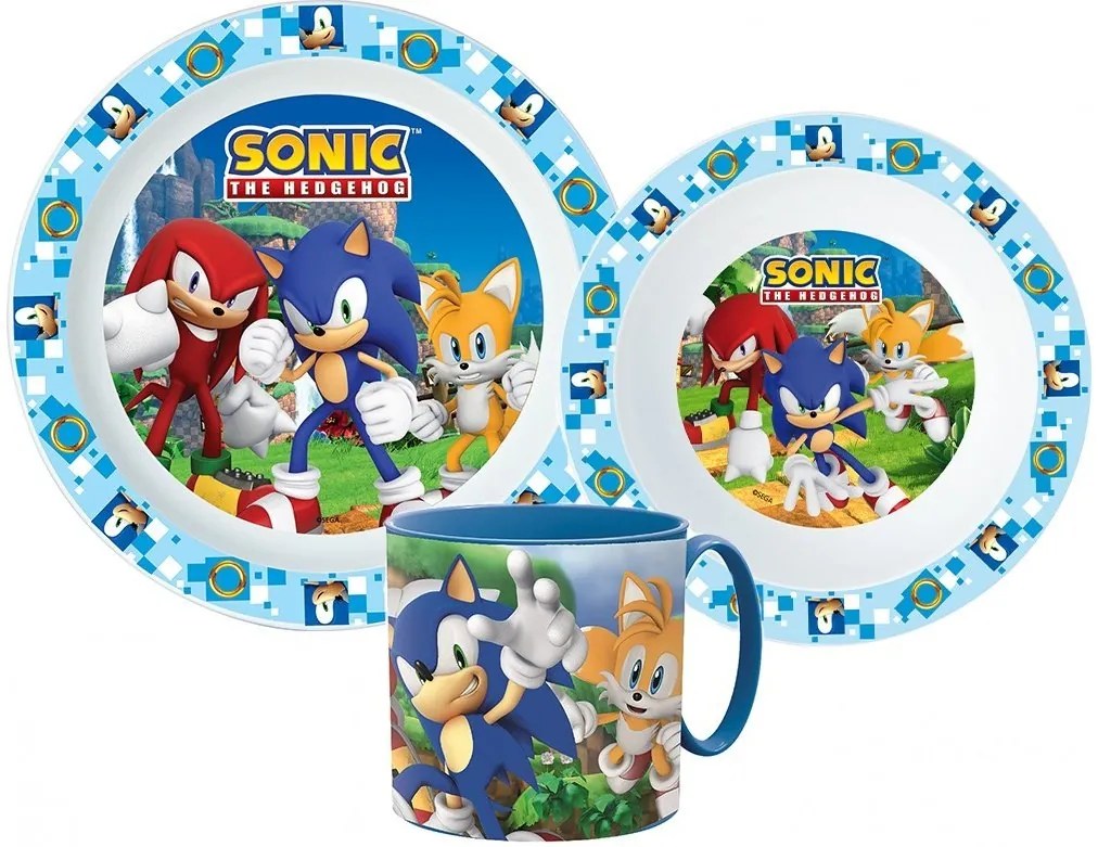 Sada plastového nádobí s hrnečkem pro děti - motiv Ježek Sonic - 3 díly