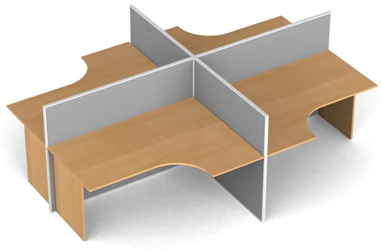 Kancelářský pracovní stůl PRIMO rohový s paravanem, otevřená, nástěnka, 4 místa, bříza