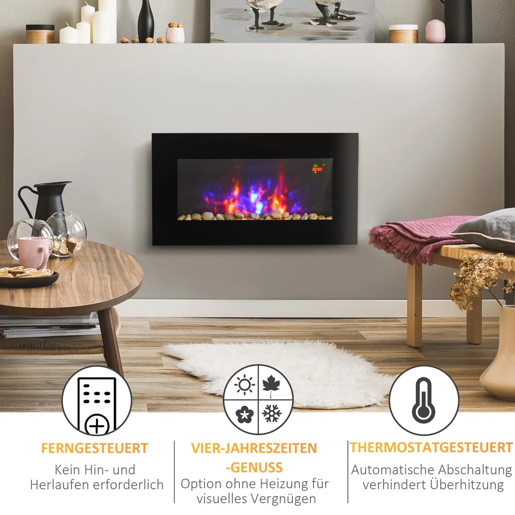 HOMCOM Elektrický krb s LED efektem plamene,1000/2000W, nástěnný krb v 7 barvách, elektrický krb s dálkovým ovládáním, nástěnný, černý | Aosom