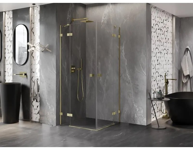Mexen Lunar Duo, výklopný sprchový kout 105 x 105 cm, 8mm čiré sklo, zlatý matný profil, 834-105L-105P-55-00