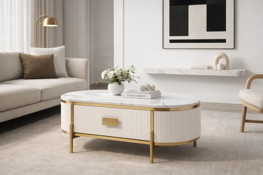 Konferenční stolek Stilig ST380C 124 cm zlatý/bílý mramor