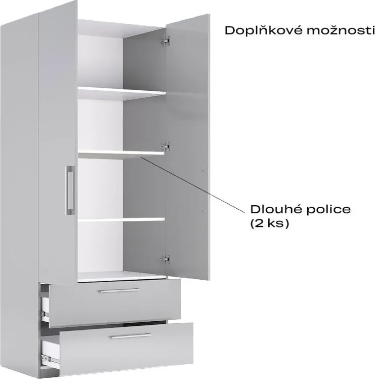 Skříň 2dv 2šx bez zrcadel, série N šedý lesk Megy