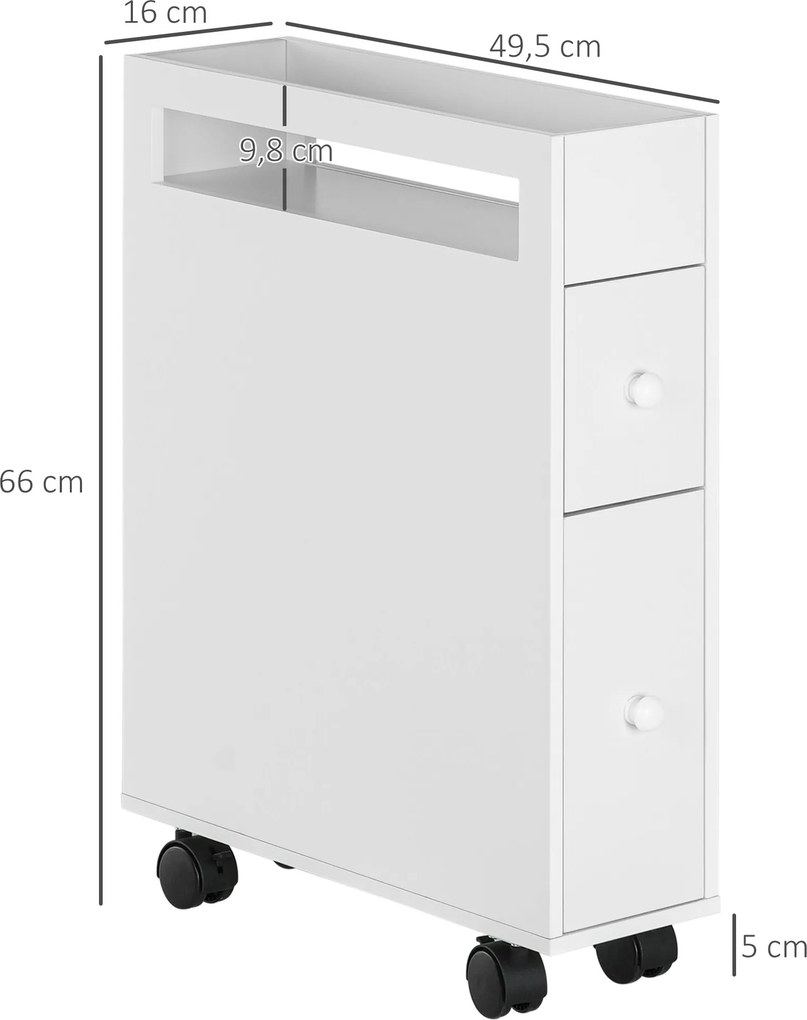 kleankin Koupelnová skříňka Skříňka do niky s kolečky, 2 zásuvky a otevřená přihrádka, koupelnový vozík, bílá, 16x49,5x66cm| Aosom