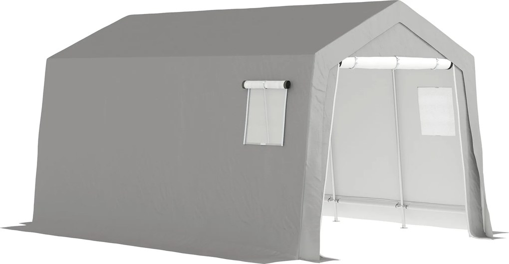 Outsunny Přístřešek na vybavení se šikmou střechou vodotěsný Stan na vybavení s dveřmi, okna 300x447x255 cm, světle šedý