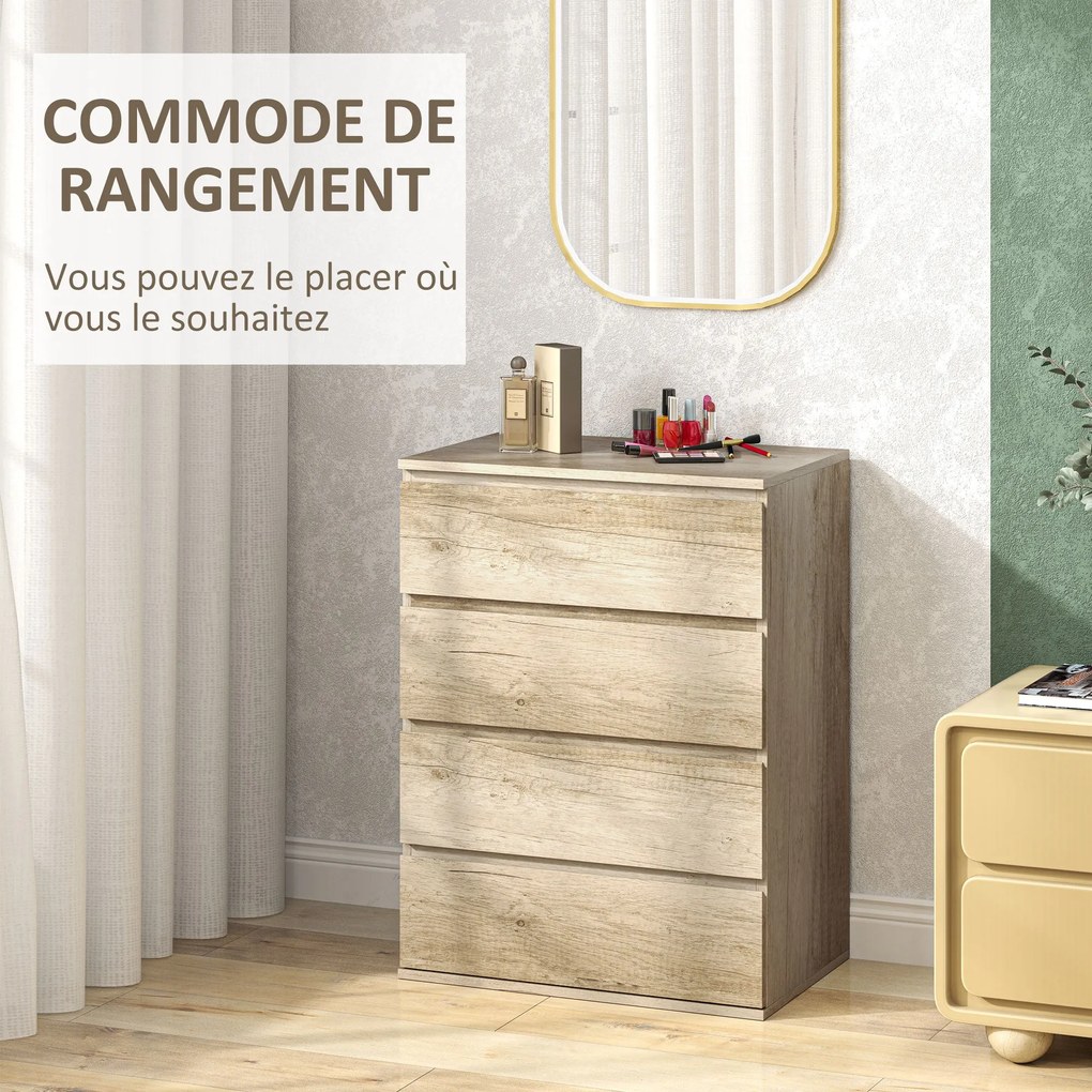 HOMCOM Skříňka se 4 zásuvkami – Moderní úložný kabinet s mechanismem měkkého zavírání – 60 x 40 x 80 cm, Přirodní dřevo | Aosom