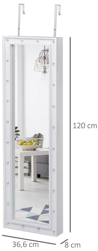 Skříňka na šperky (šperkovnice) se zrcadlem a LED osvětlením, nástěnná / závěsná, bílá, 36,6 x 8 x 120 cm 831-330