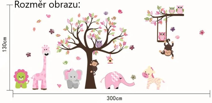 Živá Zeď Samolepka na zeď Růžový strom s houpačkou a zvířátky ze ZOO