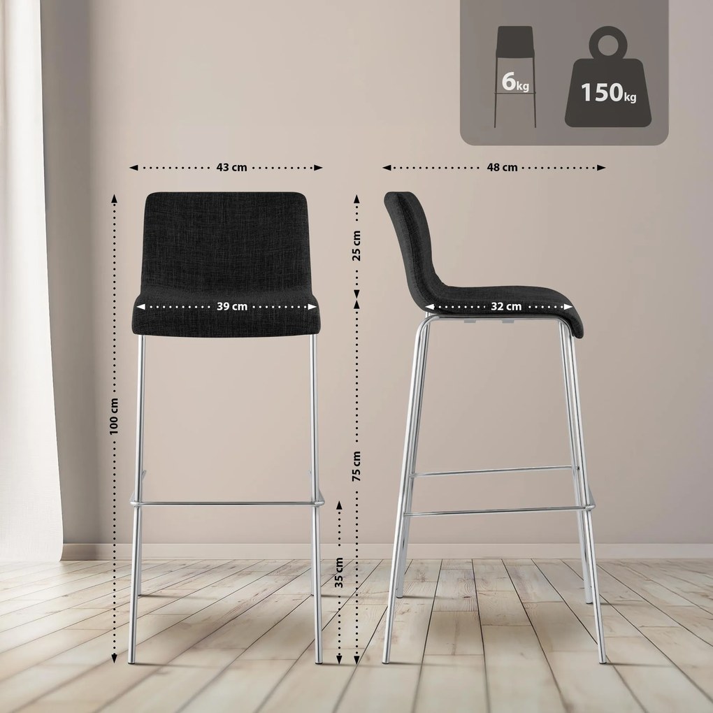Sada 2 barových židlí Hoover látka čtyřnohá konstrukce chromovaná konstrukce – tmavě šedá